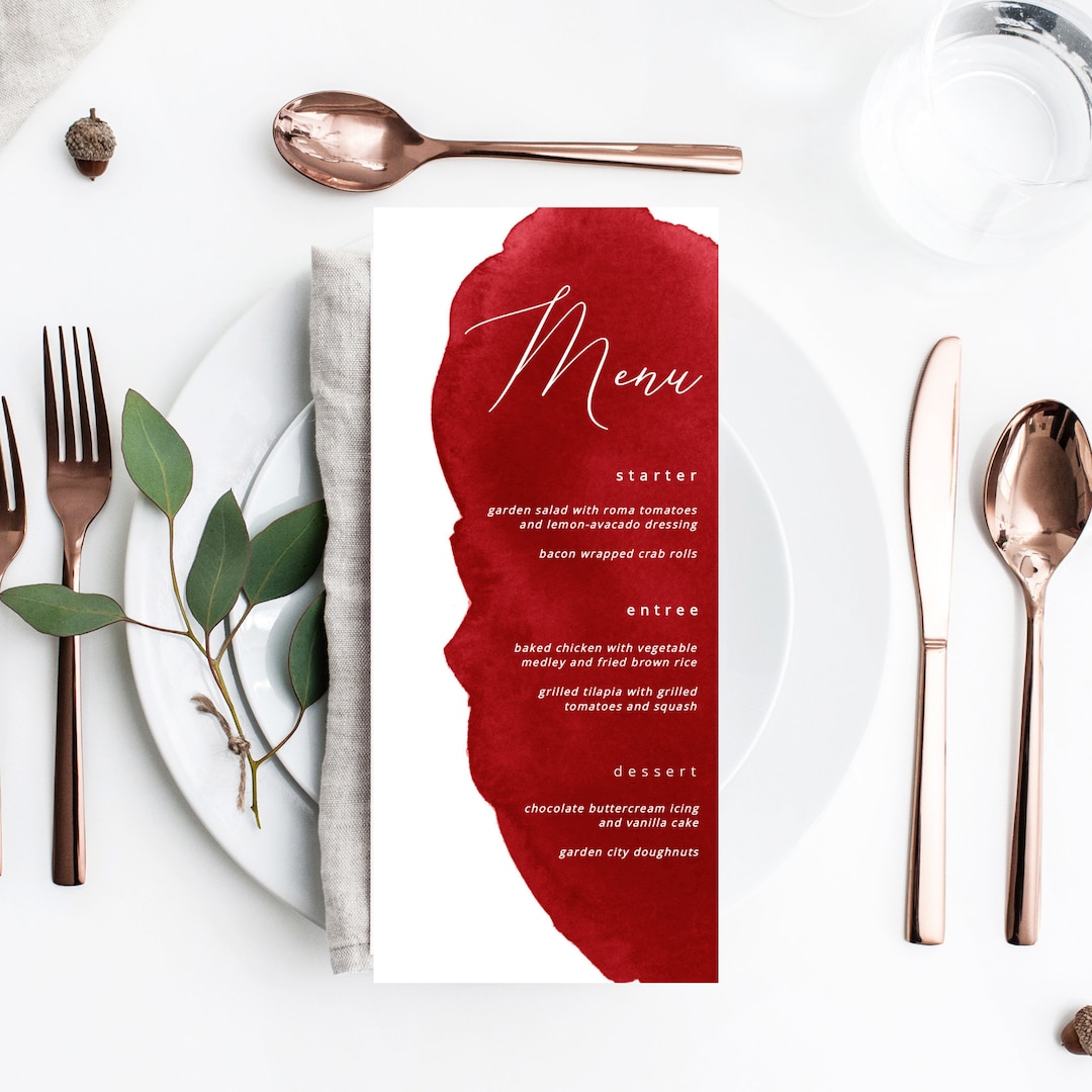 Red Watercolor Printable Menu, Banquet Printable Menu Cards, Dinner ...