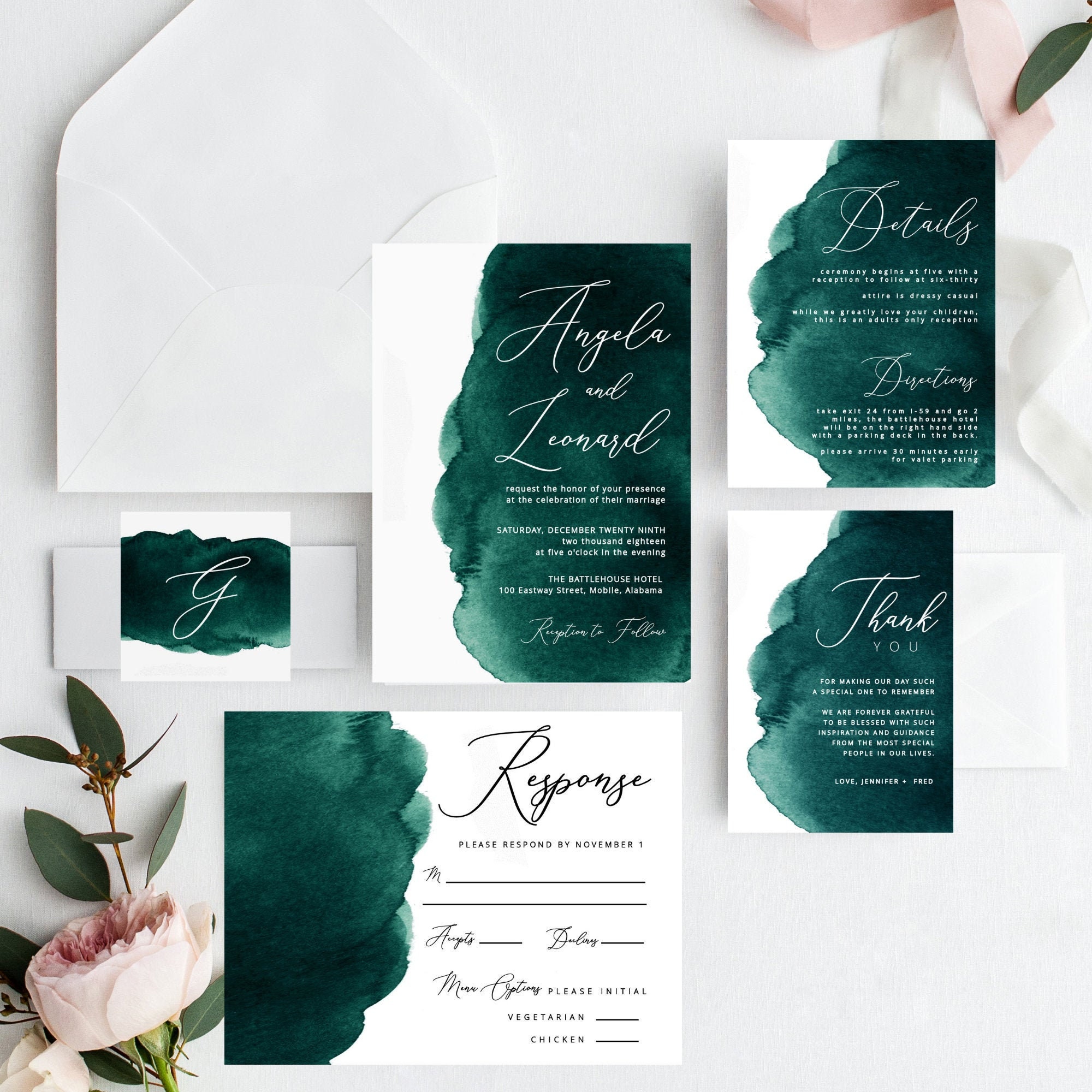 Emerald Green Watercolor Wedding Invitations Printable | Etsy