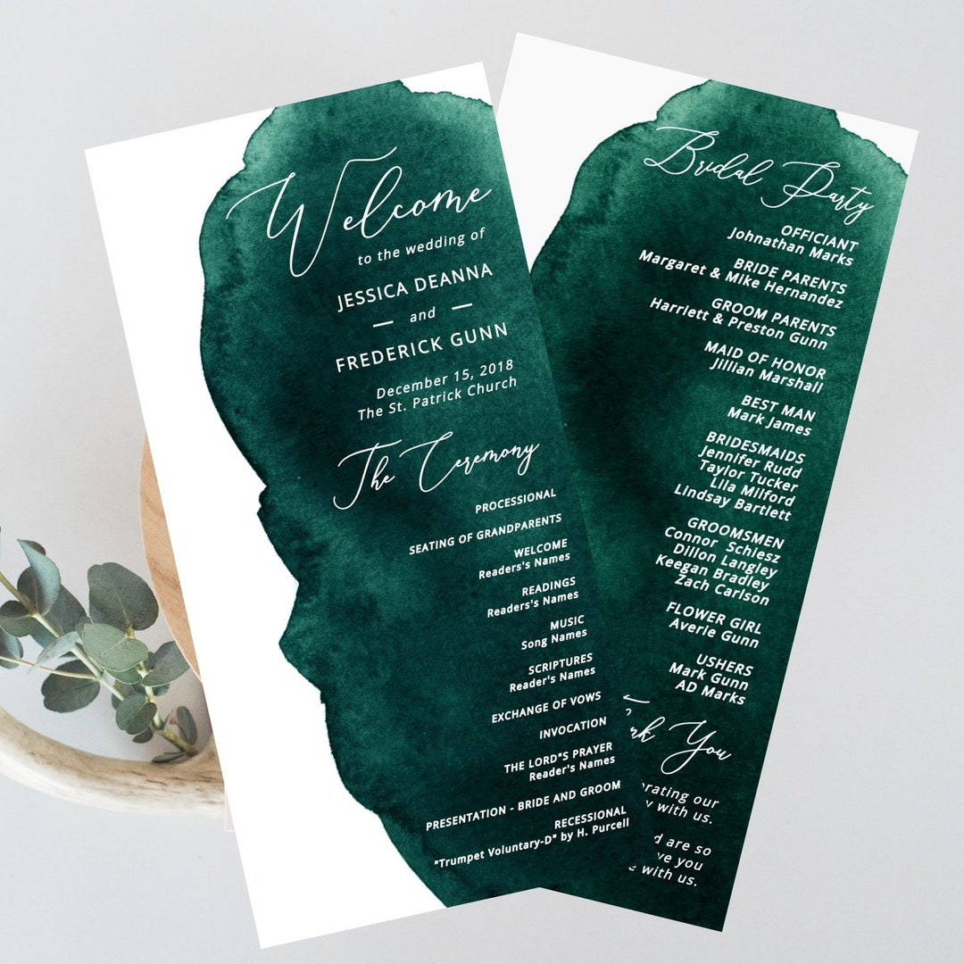 Emerald Green Watercolor Wedding Program Wedding Program - Etsy