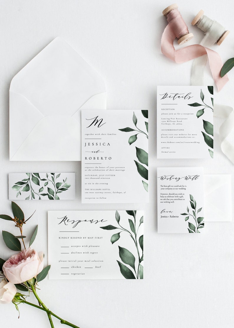 Greenery Wedding Invitation Template Download Boho Greenery - Etsy