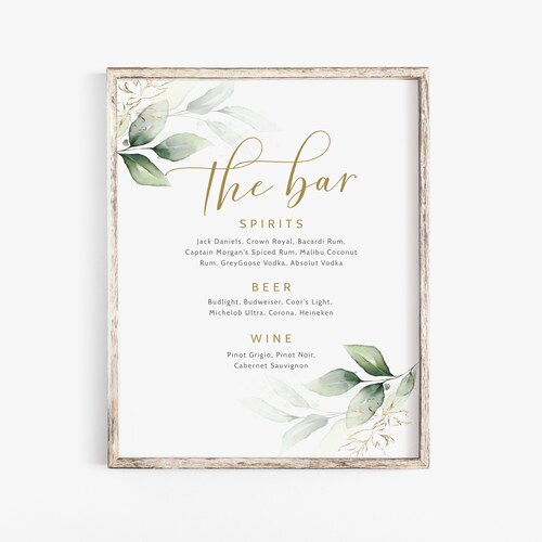 Greenery Bar Menu Sign Greenery Bar Sign Template Printable - Etsy
