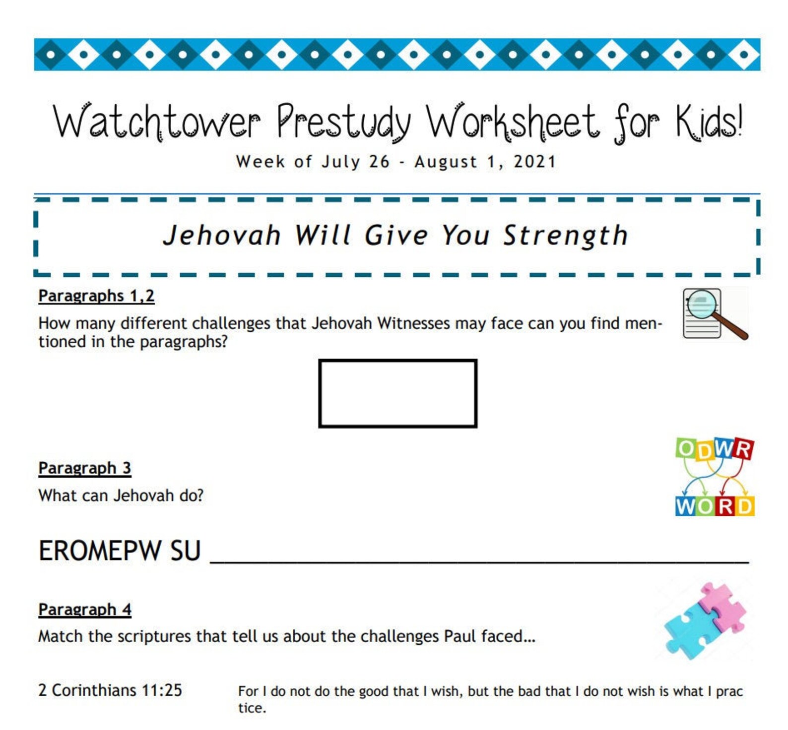 Kids Watchtower Prestudy Worksheet July 26-August 1 JW | Etsy
