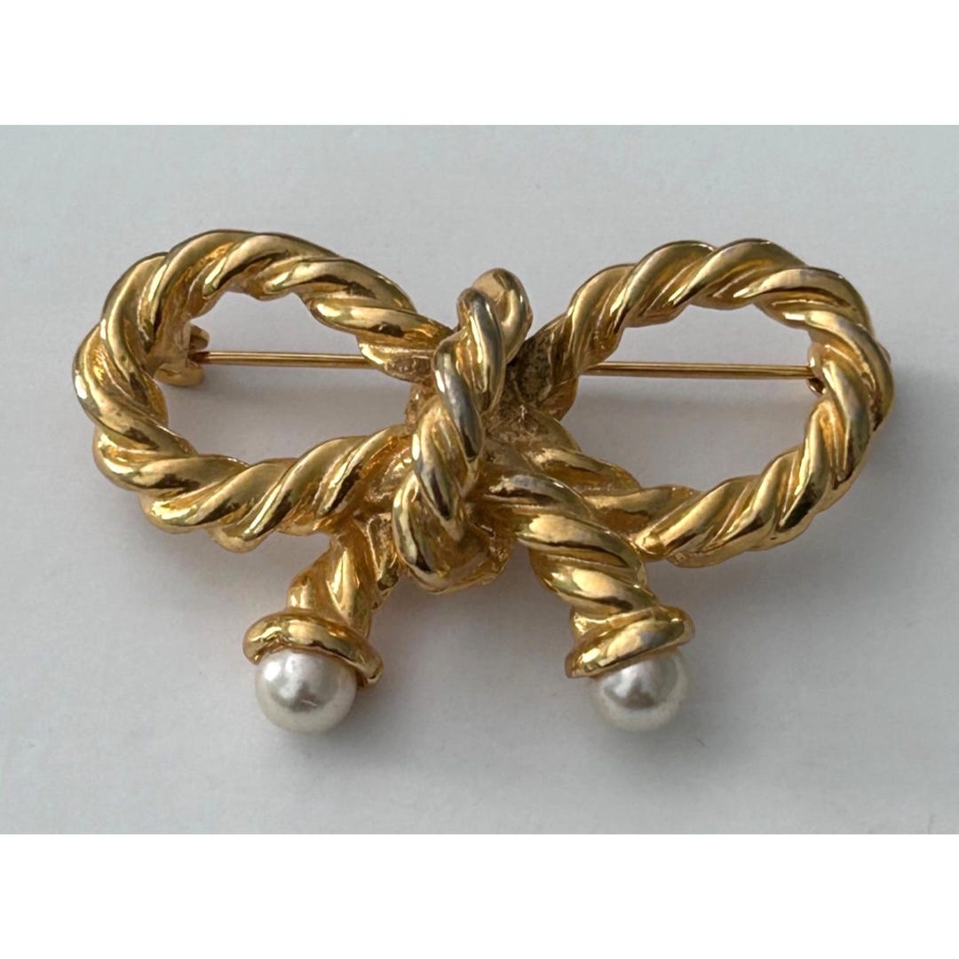 Vintage Rope Bow 80's 90's Gold-tone Brooch Pin Pearl Accents Accessory ...