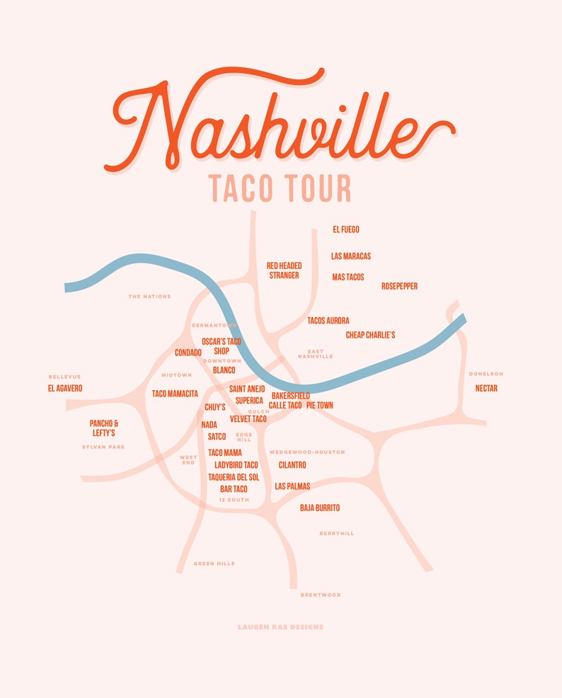Nashville Tennessee Map, Taco Art Print, Nashville Taco Map Art Print ...