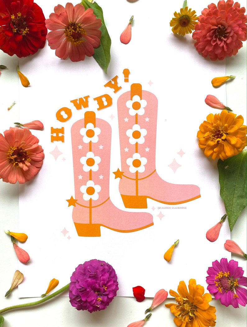 Pink Howdy Cowgirl Boot Art Print 8.5x11, Cowgirl Boot Print, Western ...