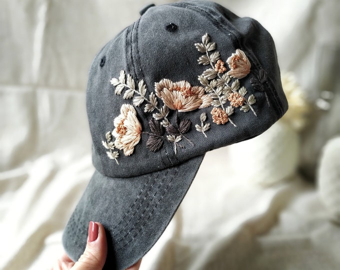 Hand Embroidered Hat, Black Embroidered Baseball Cap, Floral Embroidery ...