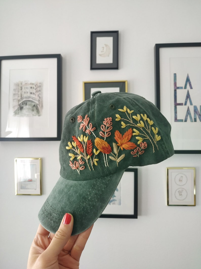 Hand Embroidered Hat Green Floral Embroidery Baseball Cap - Etsy