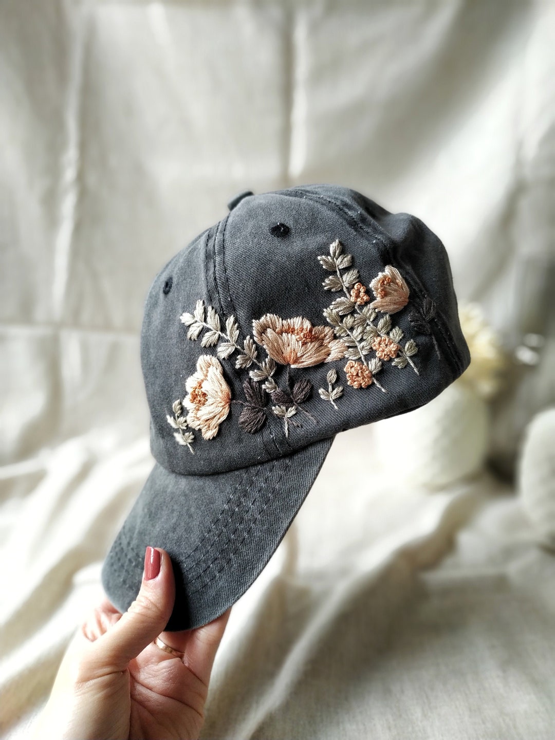 Hand Embroidered Hat Black Embroidered Baseball Cap Floral - Etsy