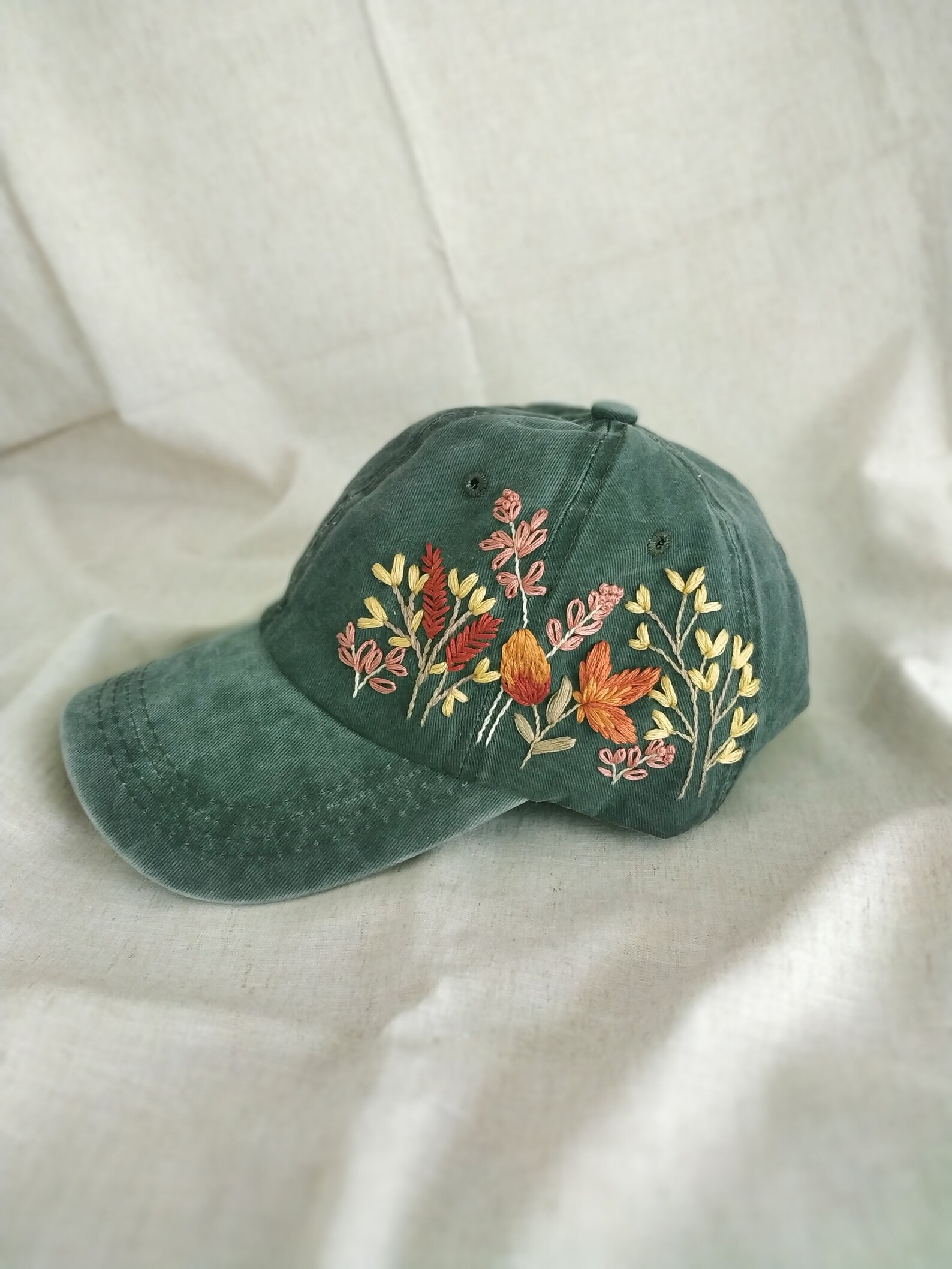 Hand Embroidered Hat Green Floral Embroidery Baseball Cap - Etsy