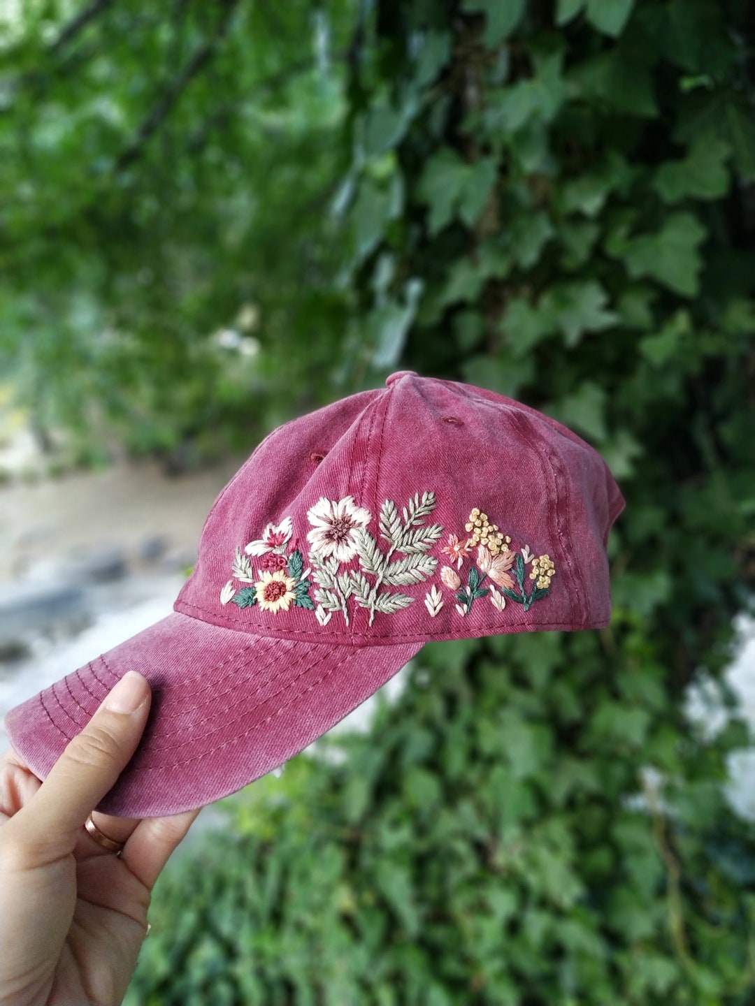 Hand Embroidered Hat, Pink Embroidered Baseball Cap, Floral Embroidery ...