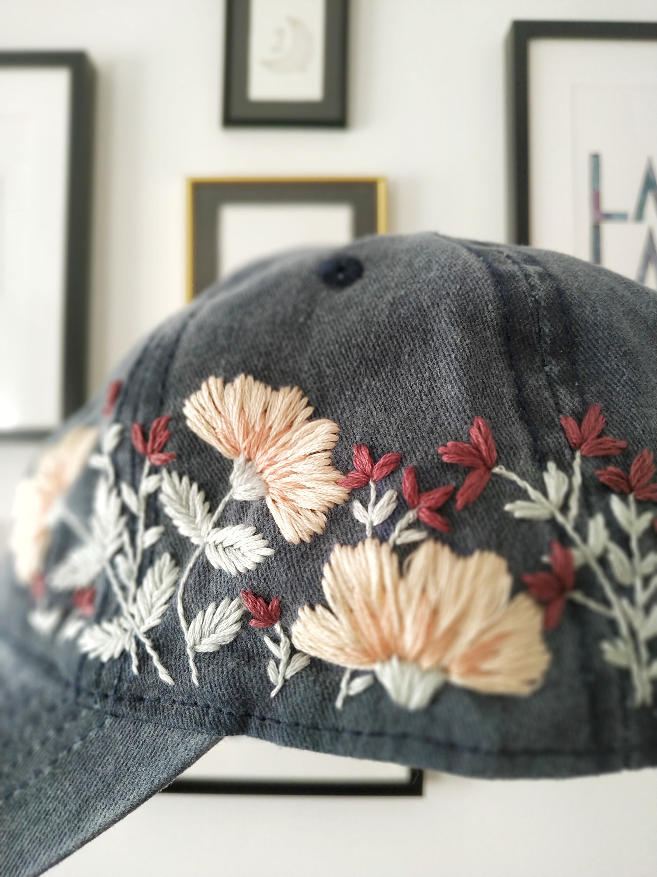 Hand Embroidered Floral Baseball Cap, 100% Cotton - Etsy