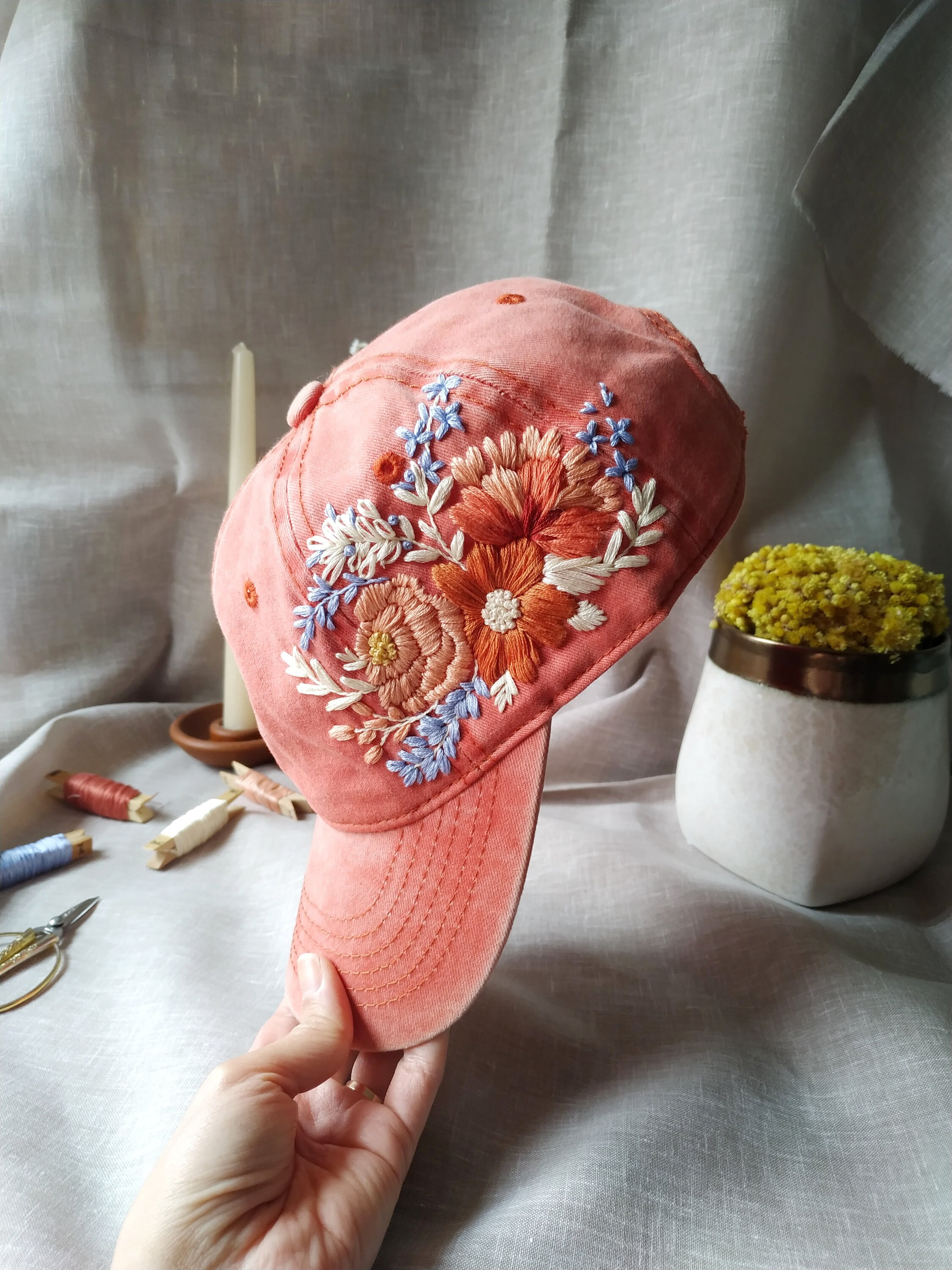 Hand Embroidered Hat, Pink Embroidered Baseball Cap, Floral Embroidery ...