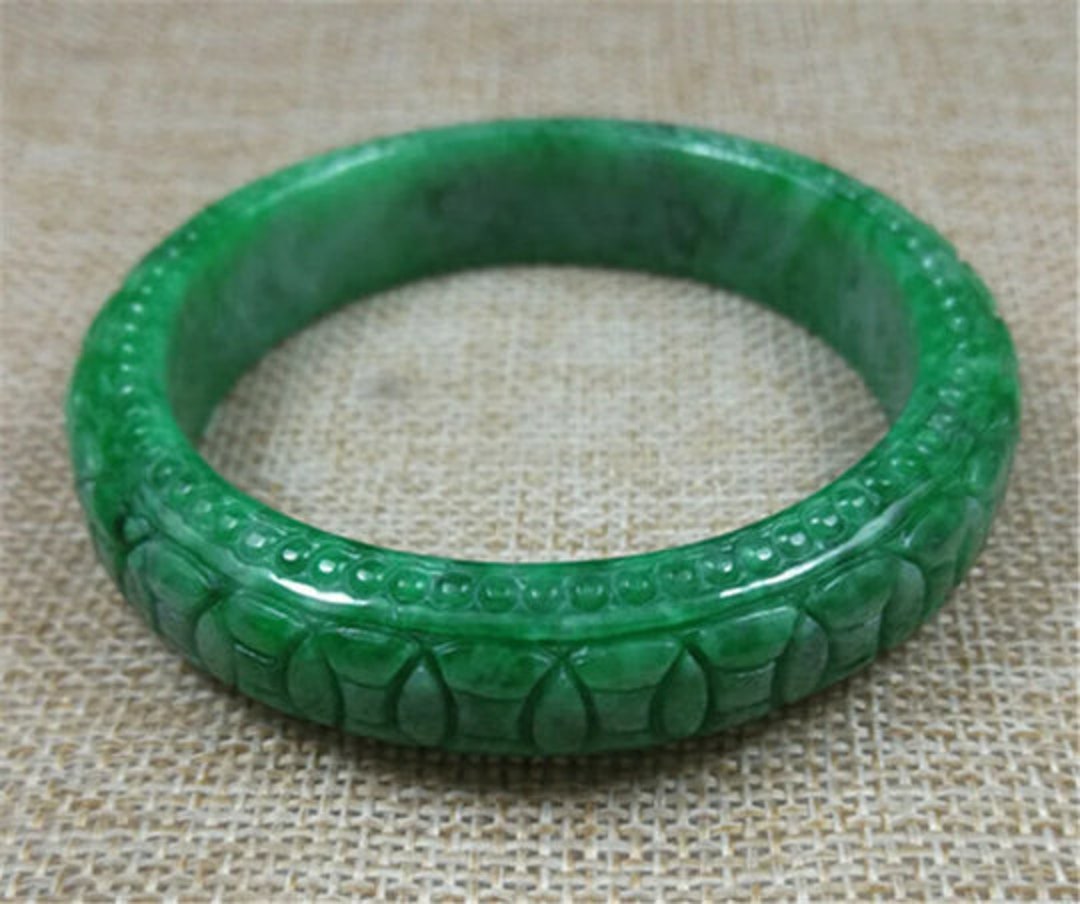 59mm Emerald Green Hand Carved Moire Pattern Jadeite Jade #432 Bangle ...