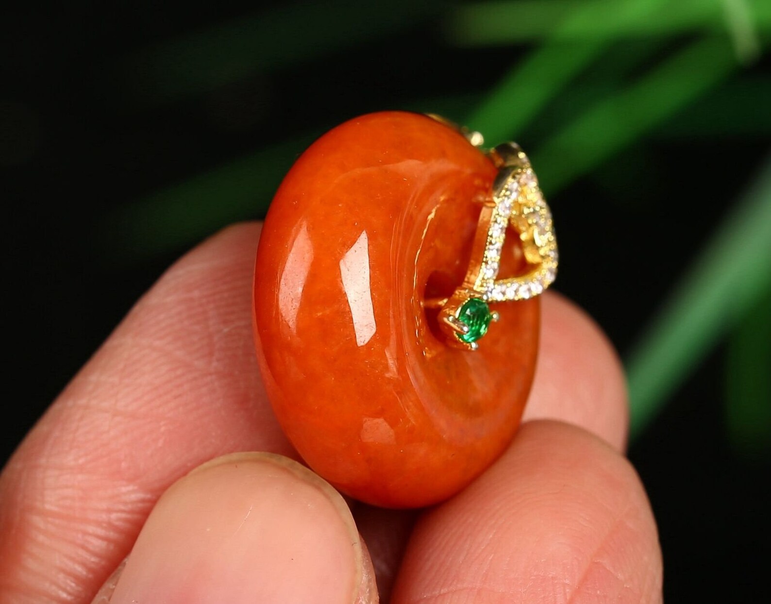 Fire Jadeite Jade Orange Red Donut on 10K Gold Chain Necklace Rare ...