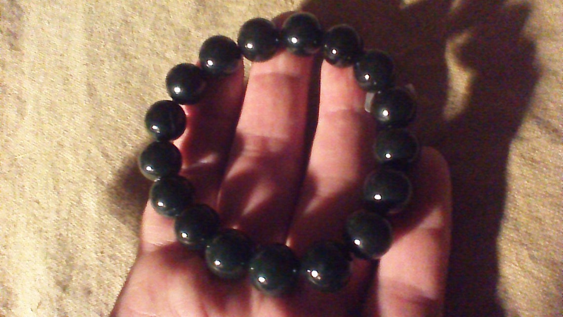 Black Nephrite Jade Certified Bangle Bracelet 12mm Beads Very | Etsy