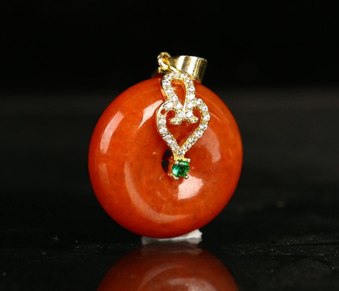 Fire Jadeite Jade Orange Red Donut on 10K Gold Chain Necklace Rare ...
