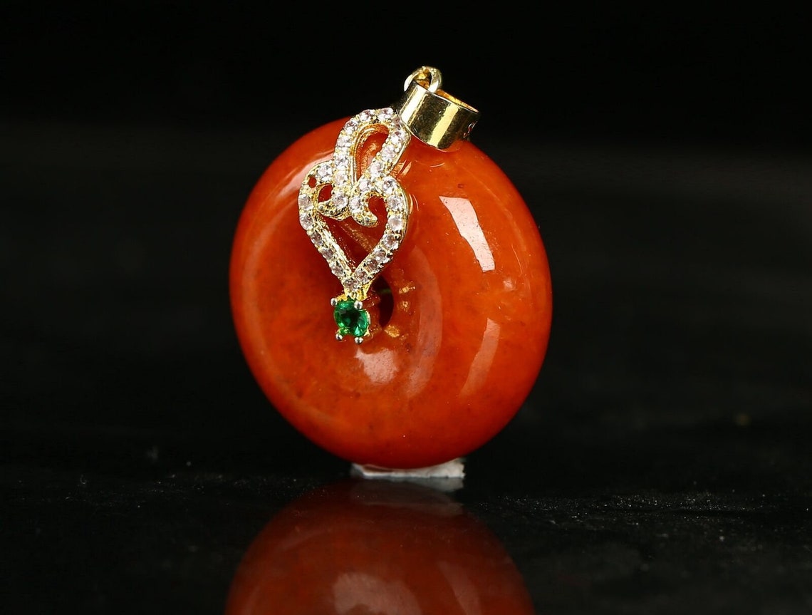 Fire Jadeite Jade Orange Red Donut on 10K Gold Chain Necklace Rare ...