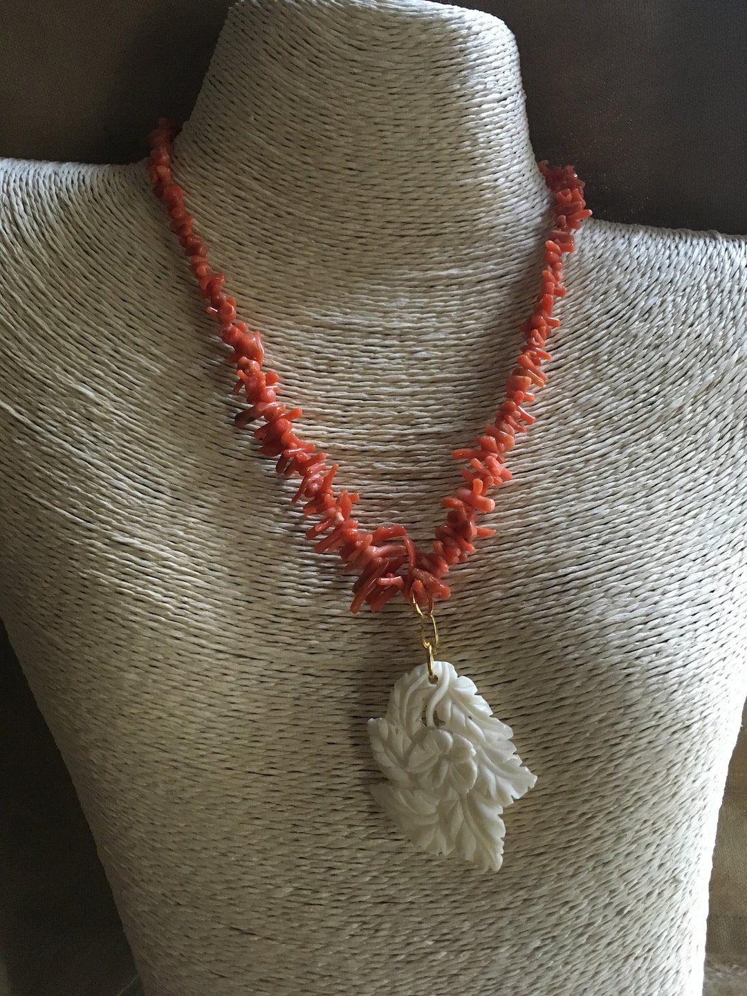 Real Coral Necklace 16" + 18kt White Gold Clasp & 18kt Gold Coral ...