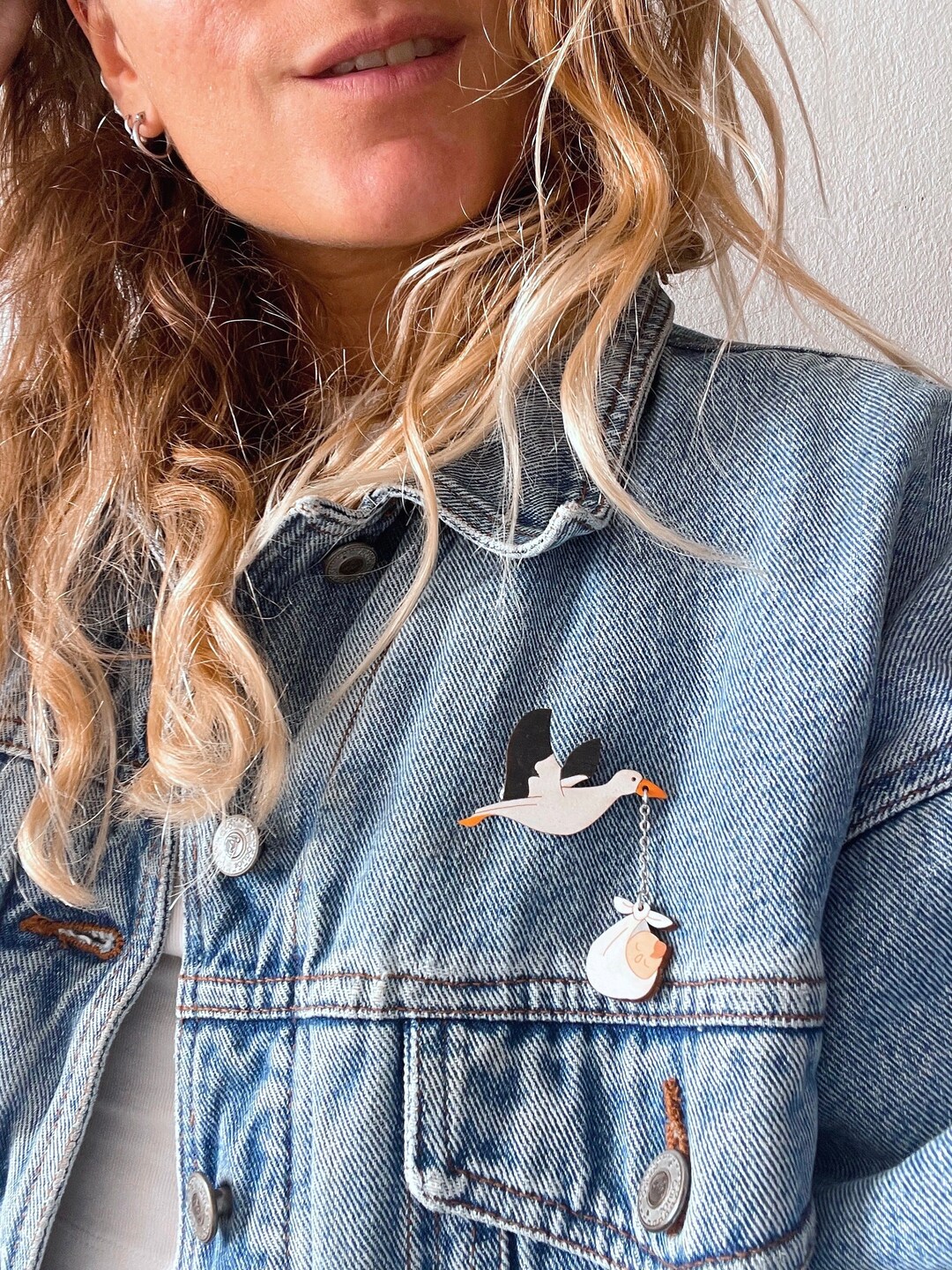 Wooden Pin: Stork and Baby - Etsy
