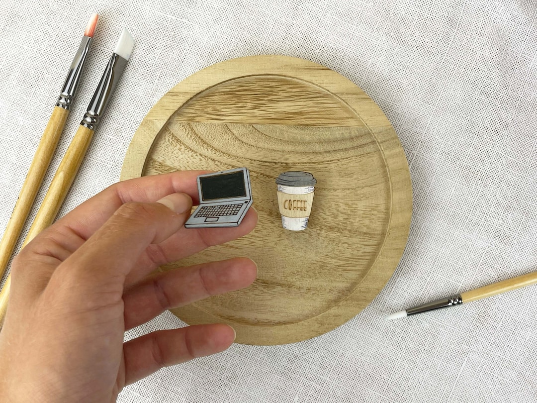 Wooden Pins: Computer and Coffee - Etsy