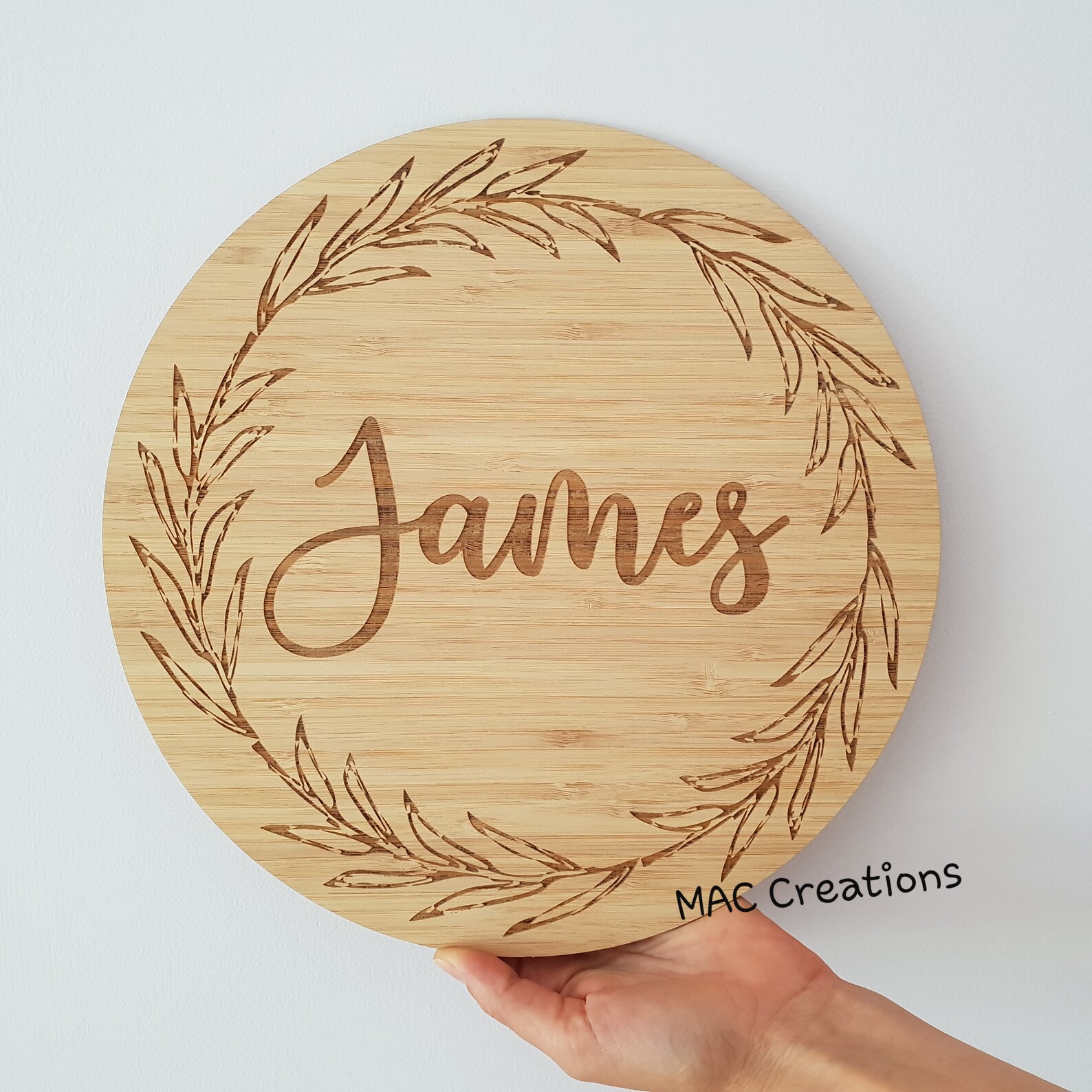 Bamboo Personalised Wall Plaque - Round - Floral - Leaf - ANY Name ...