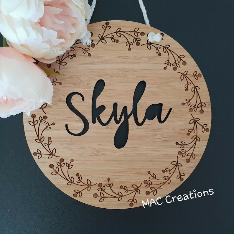 Bamboo Personalised Wall Plaque - Round - Floral - Leaf - ANY Name ...