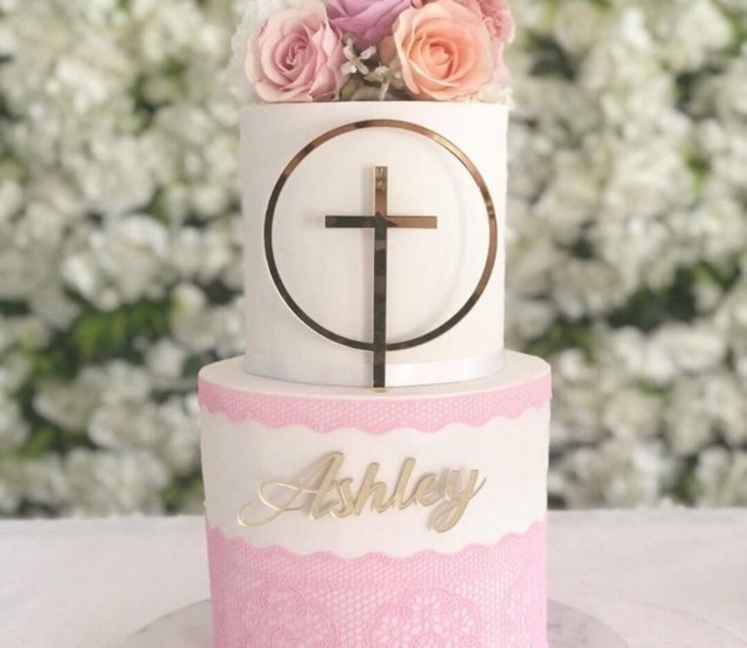 Cross in Circle Religious Cake Topper Acrylic Mirror - Wooden - Glitter ...