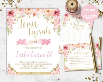 EDITABLE Pink Floral Time Capsule Sign Message Card 1st | Etsy