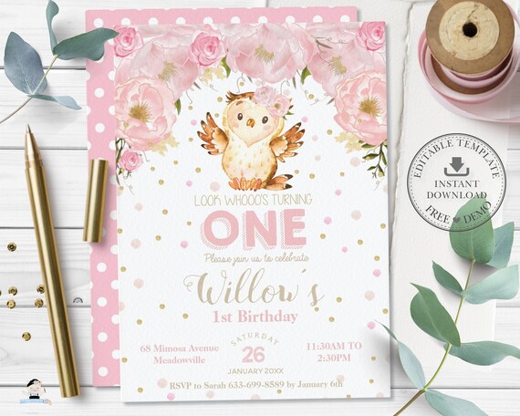 Owl 1st Birthday Invitation, EDITABLE TEMPLATE, Blush Pink Floral Owl ...