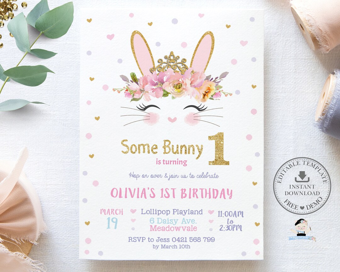 EDITABLE TEMPLATE, Cute Bunny Rabbit Invitation, Soft Floral Gold ...