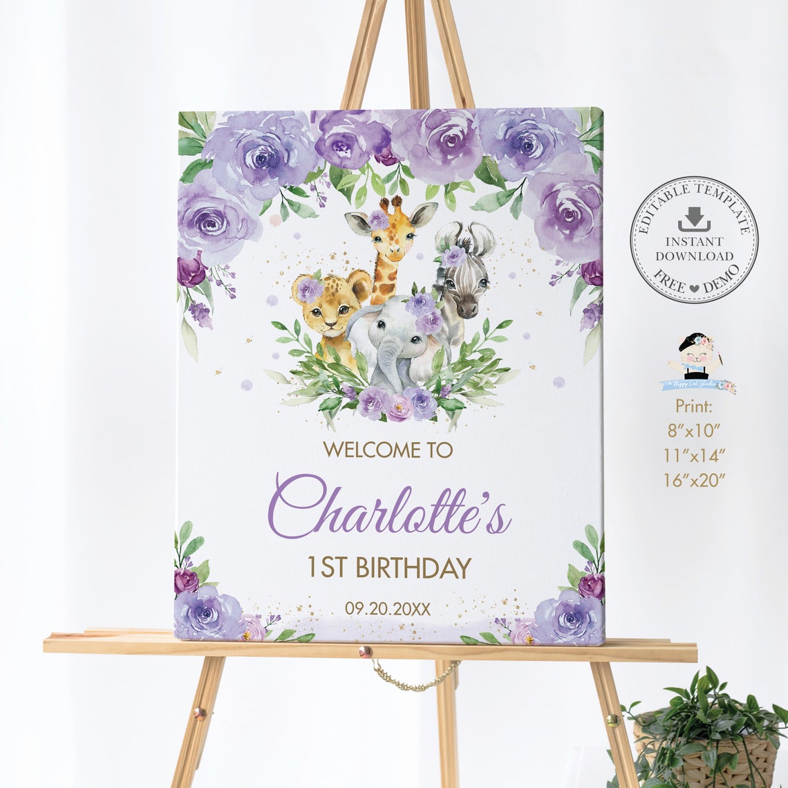 Jungle Animals Welcome Sign EDITABLE TEMPLATE Diy Purple - Etsy