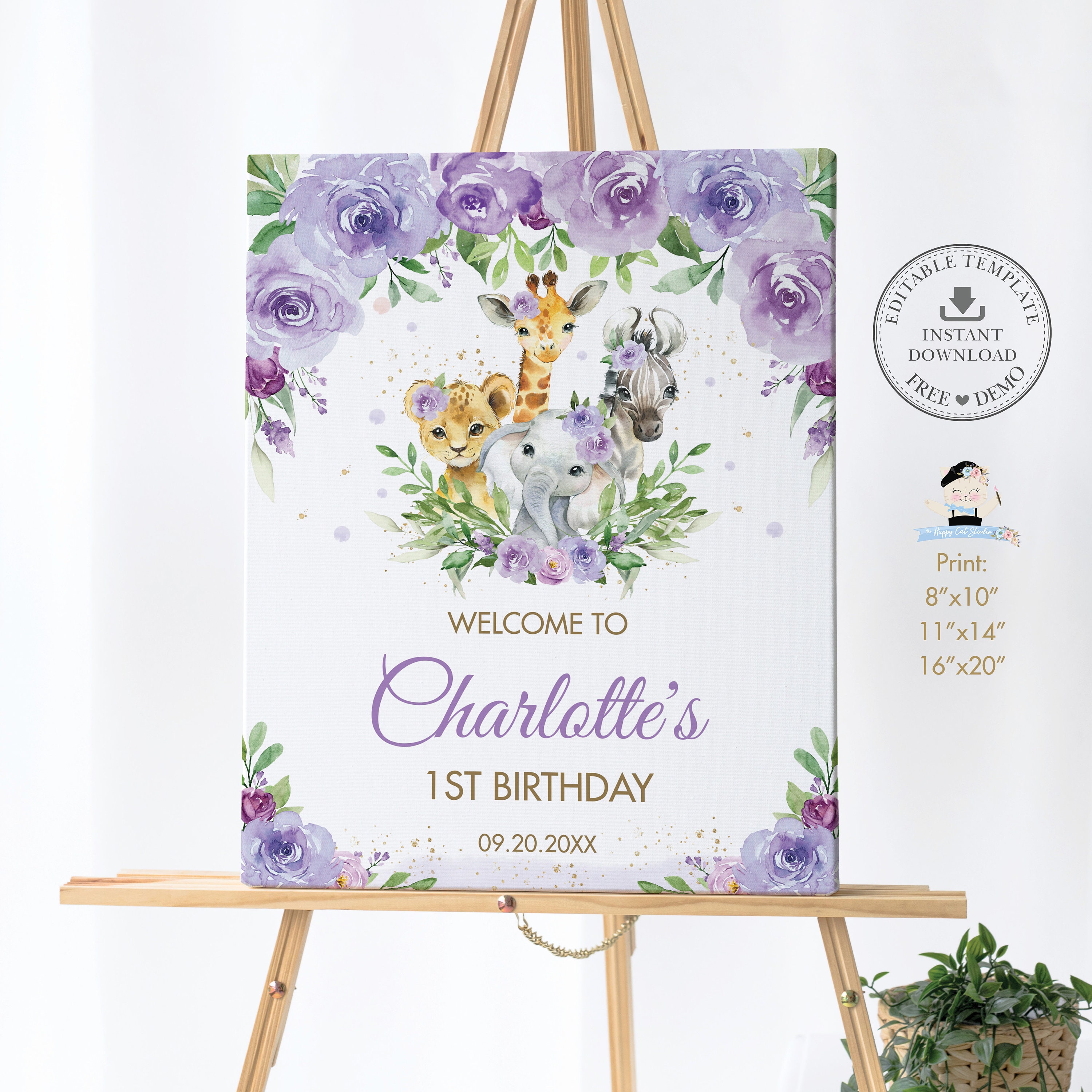 Jungle Animals Welcome Sign EDITABLE TEMPLATE Diy Purple - Etsy