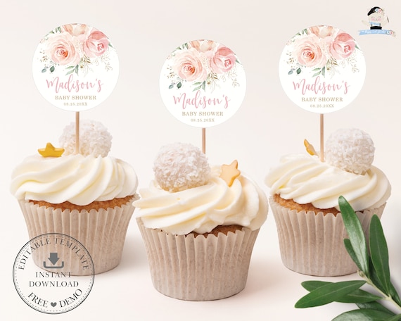 EDITABLE TEMPLATE Blush Floral 2" Circle Round Labels Cupcake Toppers ...