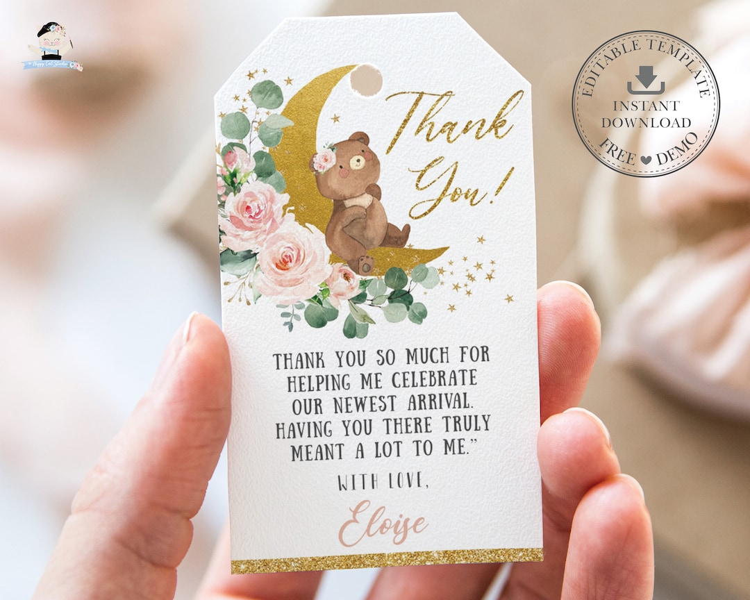 Blush Pink Floral Teddy Bear Thank You Favor Tags Printable, EDITABLE ...