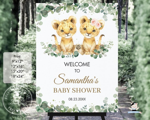 Twins Lion Cubs Boy Girl Greenery Welcome Sign, EDITABLE TEMPLATE ...