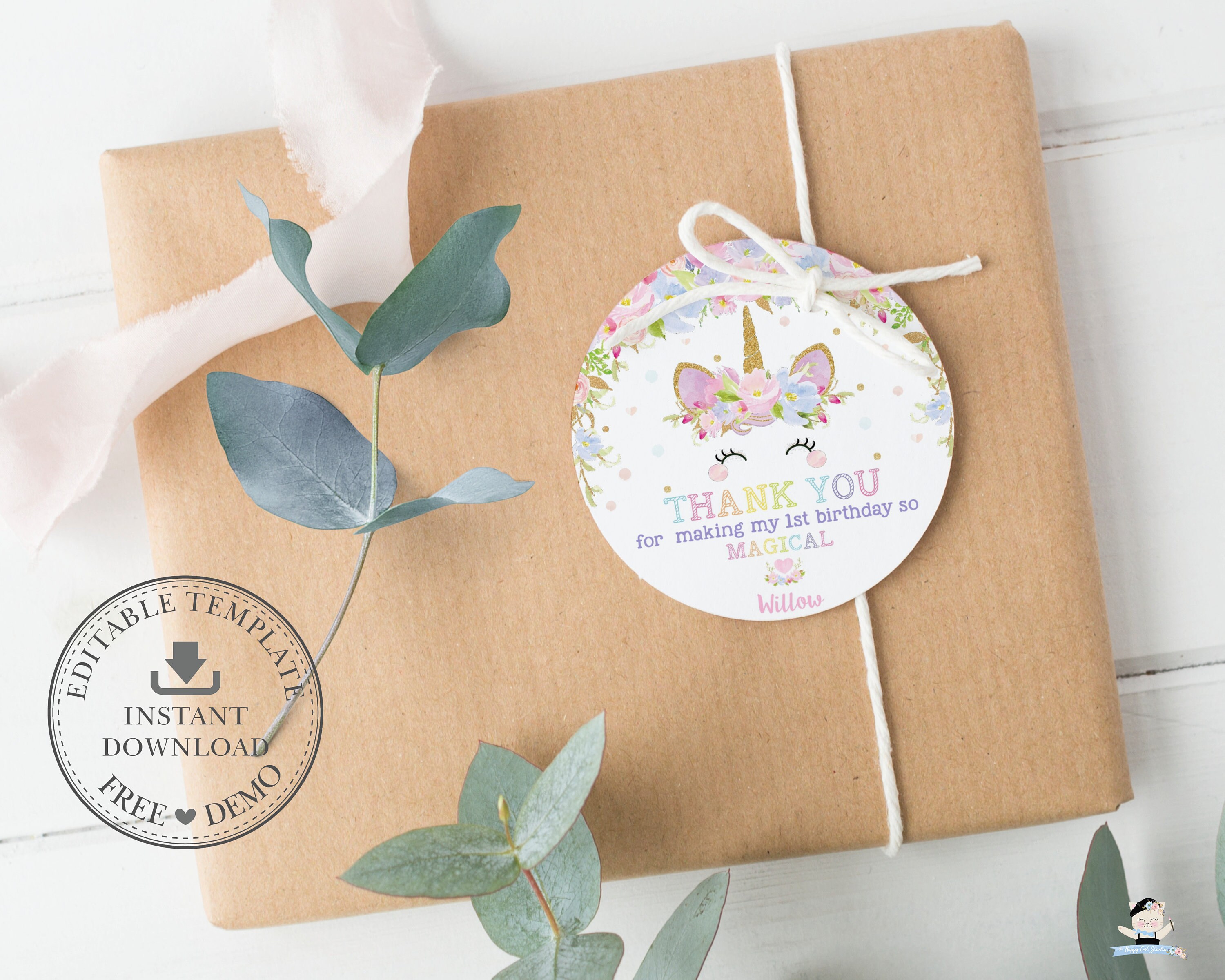 EDITABLE TEMPLATE Unicorn 3" Circle Label, Pink Floral Cute Thank You ...