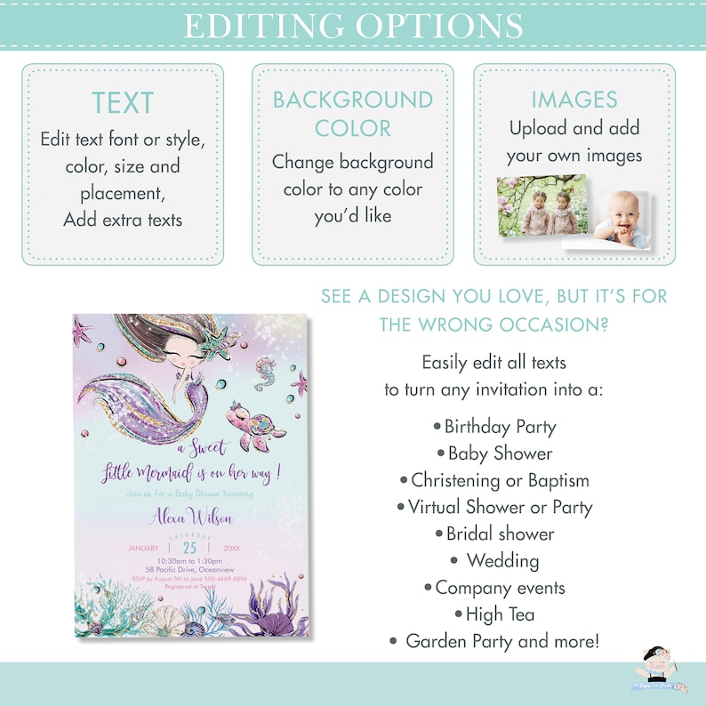 EDITABLE TEMPLATE, Whimsical Mermaid Baby Shower Bingo Game Printable ...