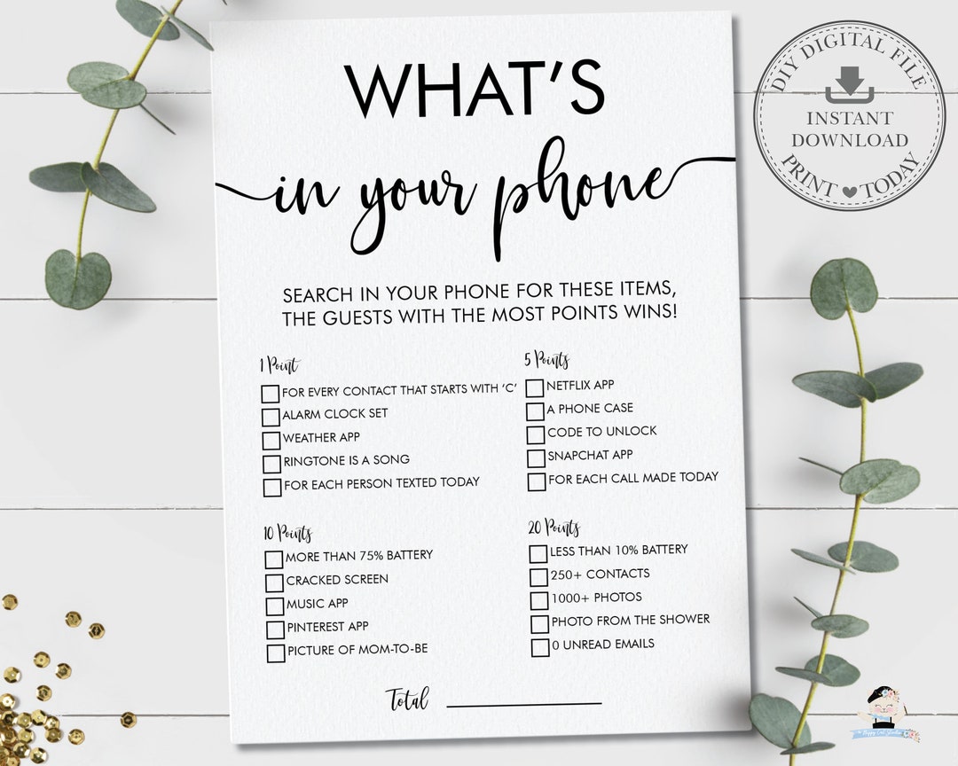 What's in Your Phone Game, Baby Shower Game Activity Printable, Cell ...