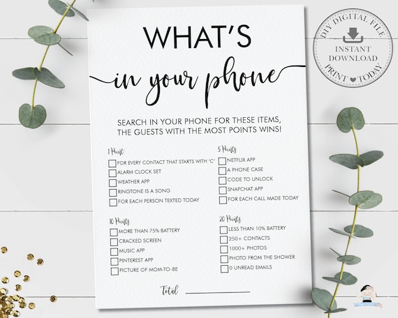 What's in Your Phone Game, Baby Shower Game Activity Printable, Cell ...