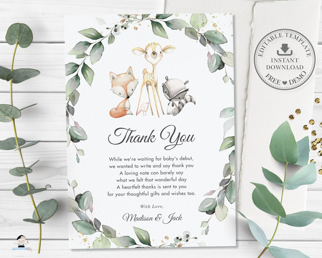 Woodland Thank You Note Card, EDITABLE TEMPLATE, Chic Greenery Cute ...