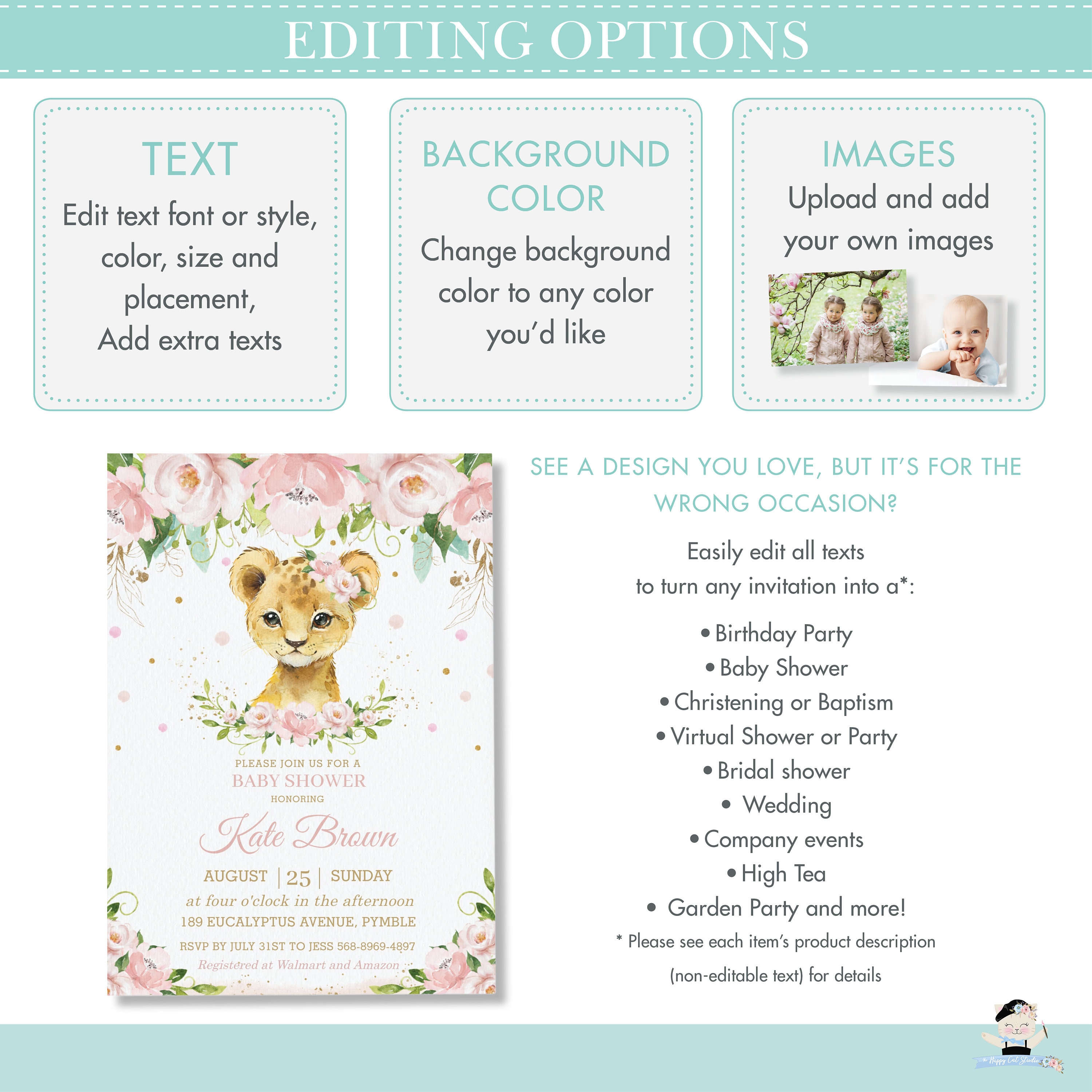 EDITABLE TEMPLATE Cute Lion Cub Blush Pink Floral Baby Shower Jungle ...