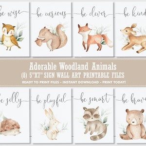 Woodland Animals Greenery Sign Bundle Printable, Bear Fox Deer Rabbit ...