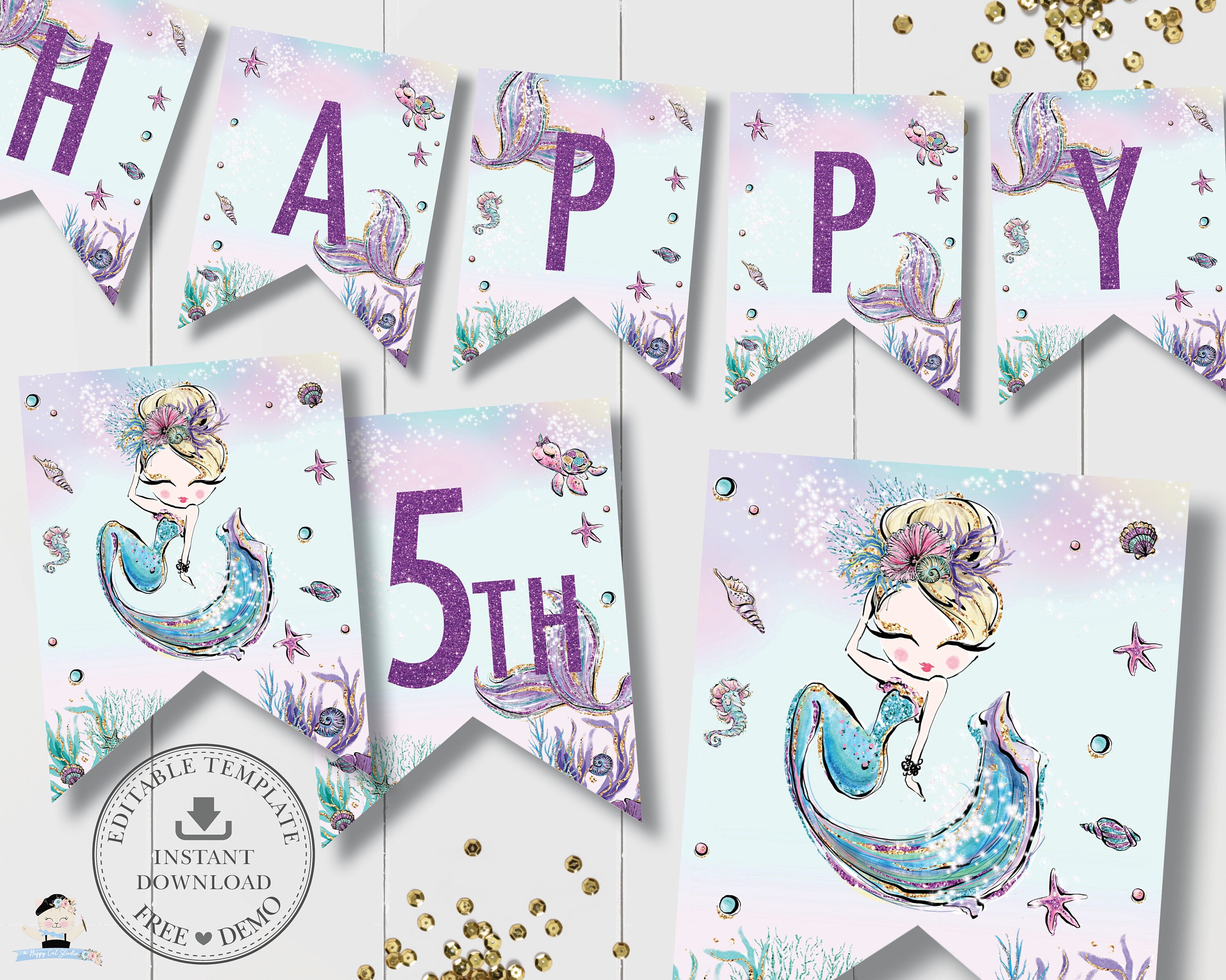 Mermaid Flag Banner, EDITABLE TEMPLATE, Chic Under the Sea Mermaid Tail ...