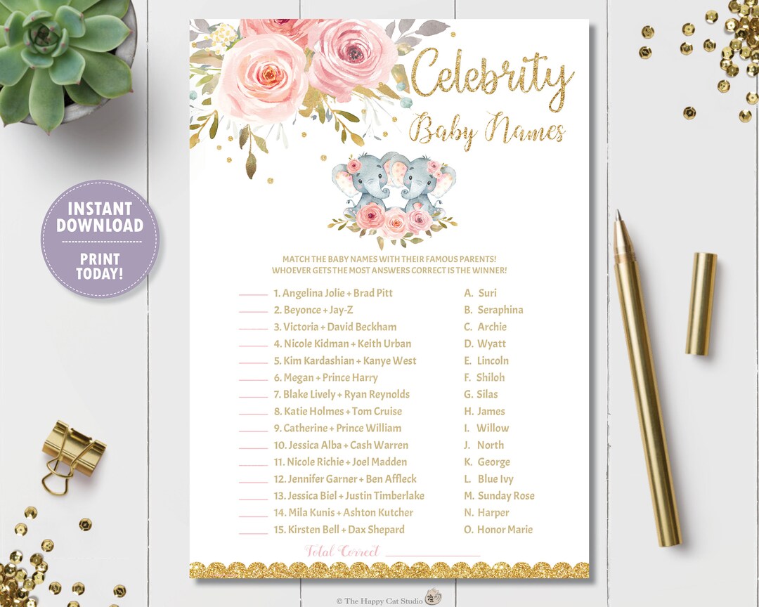 Elephant Celebrity Baby Name Game, Elephant Twins Baby Shower Name Game ...