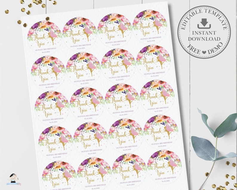 EDITABLE TEMPLATE Fairy 2" Circle Label, Purple Pink Floral Gold Fairy ...