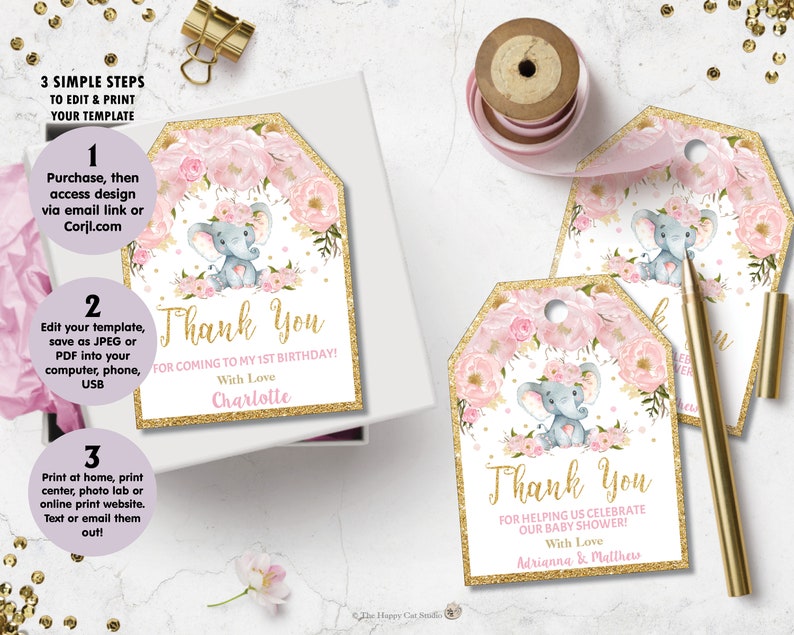 EDITABLE TEMPLATE Elephant Thank You Tags, Favors, Elephant Printable ...