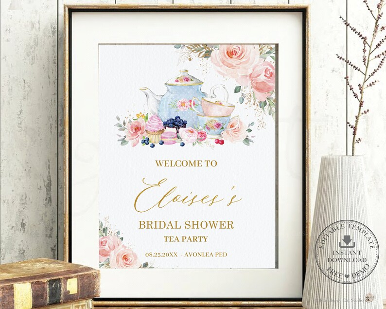 Chic Blush Floral High Tea Party Welcome Sign EDITABLE | Etsy