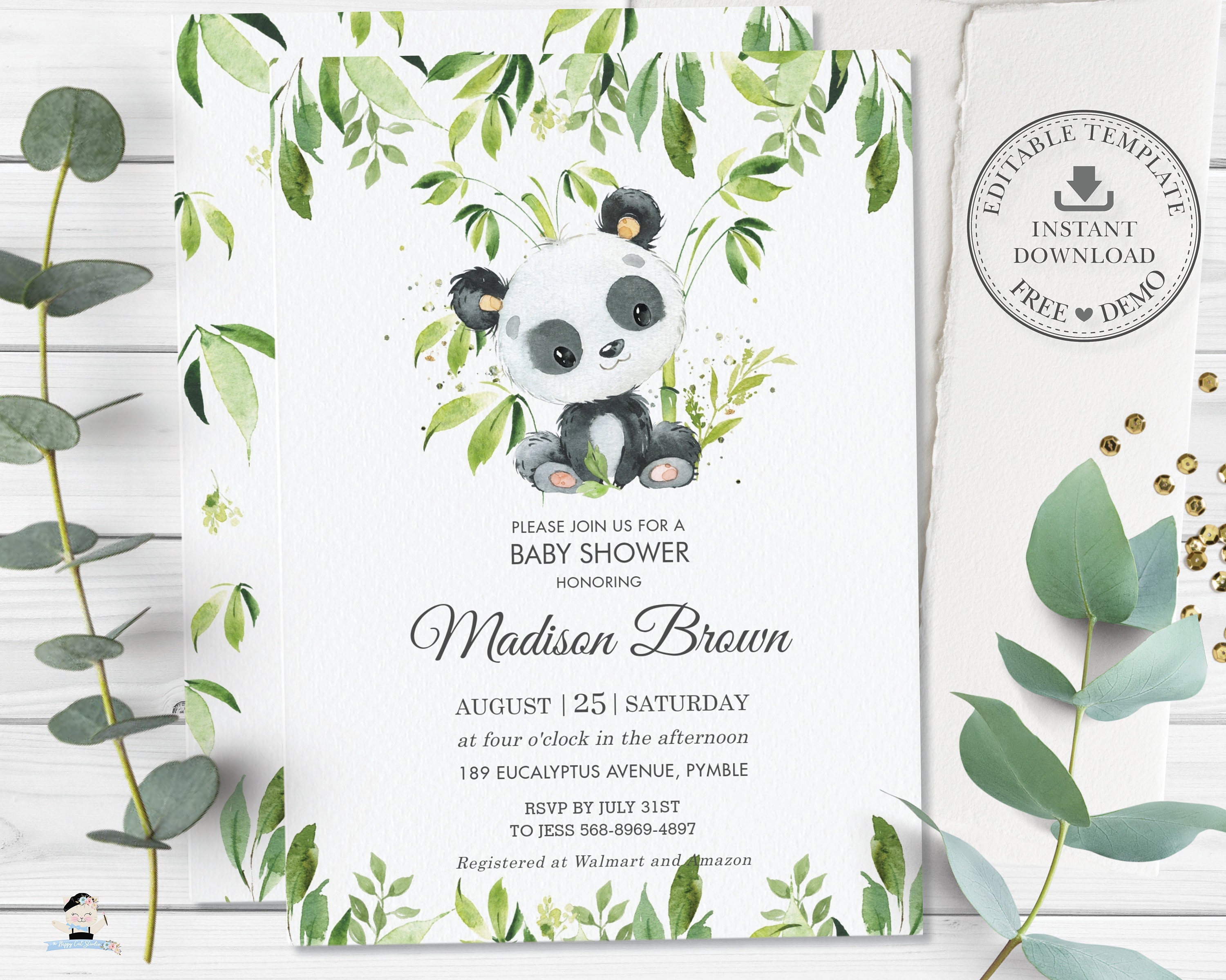 Cute Panda Greenery Invitation EDITABLE TEMPLATE Baby Shower - Etsy