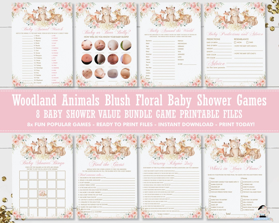 Floral Woodland Animals Baby Shower Game Bundle 8 GAMES, Baby ...