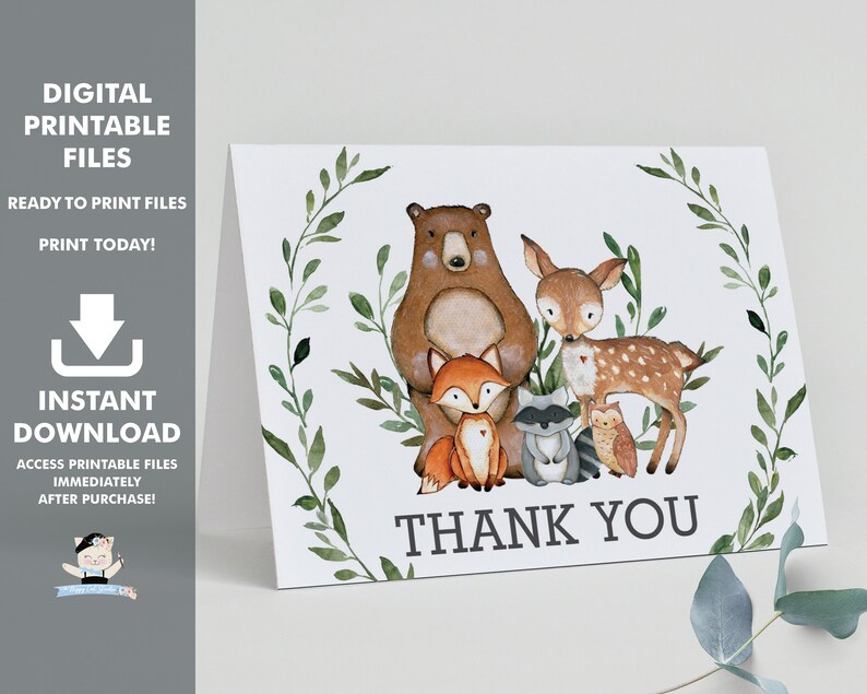 Woodland Animals Rustic Greenery Folded Tent Thank You Card, INSTANT ...